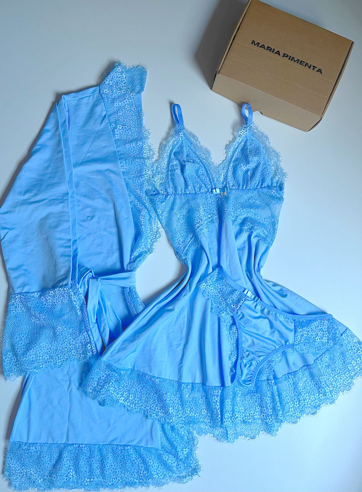 CONJUNTO ROBE CAMISOLA E CALCINHA AZUL